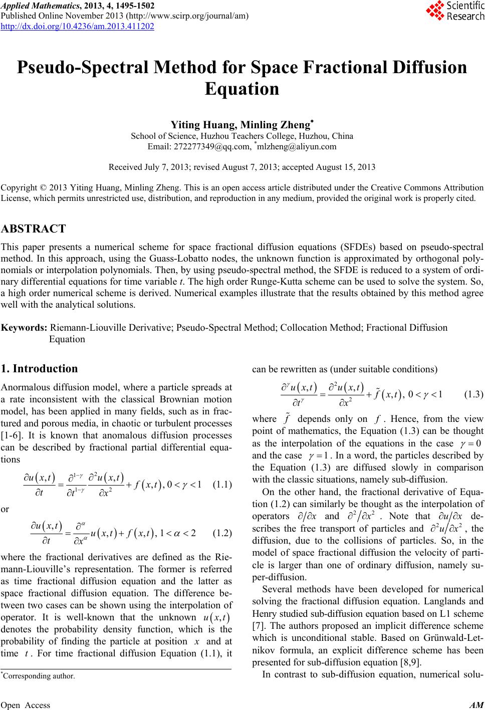 Pseudo Spectral Method For Space Fractional Diffusion Equation