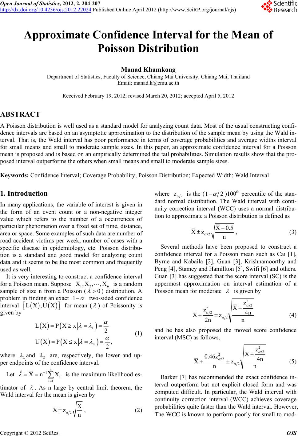 Approximate Confidence Interval for the Mean of Poisson Distribution