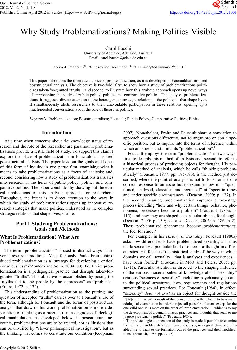 Why Study Problematizations? Making Politics Visible