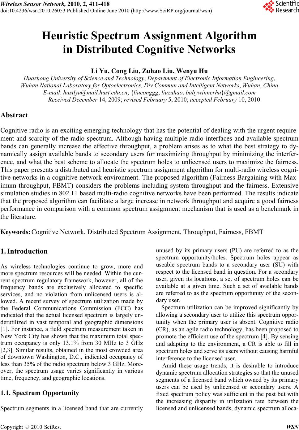 Heuristic Spectrum Assignment Algorithm in Distributed Cognitive Networks