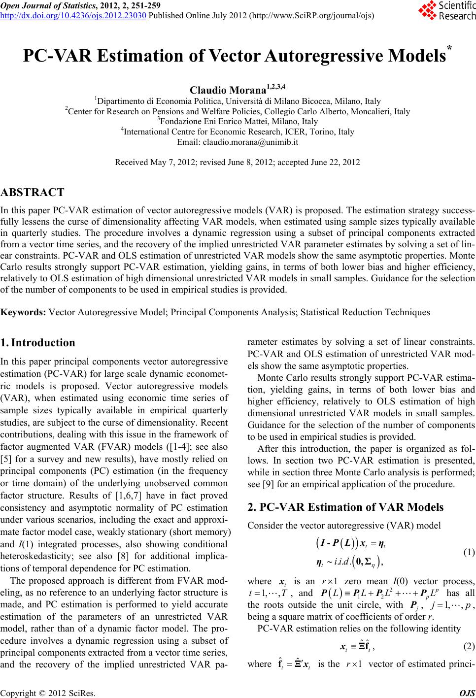PC-VAR Estimation of Vector Autoregressive Models