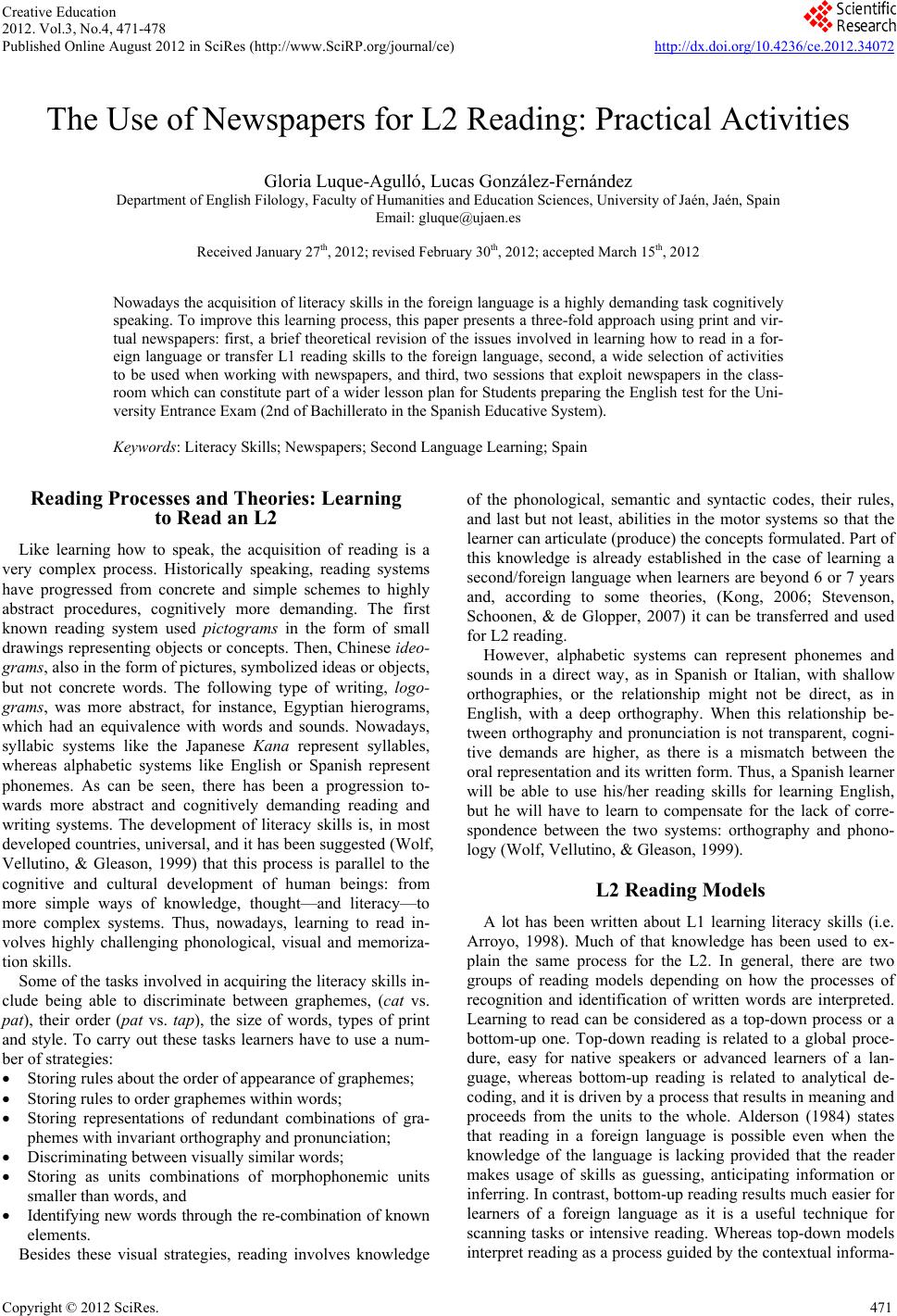 The Use of Newspapers for L2 Reading: Practical Activities