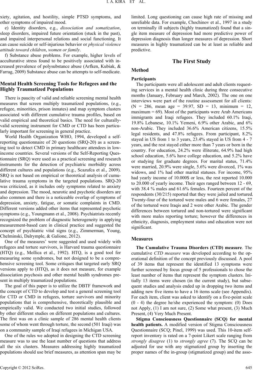 Cumulative Trauma Disorder Scale (CTD): Two Studies