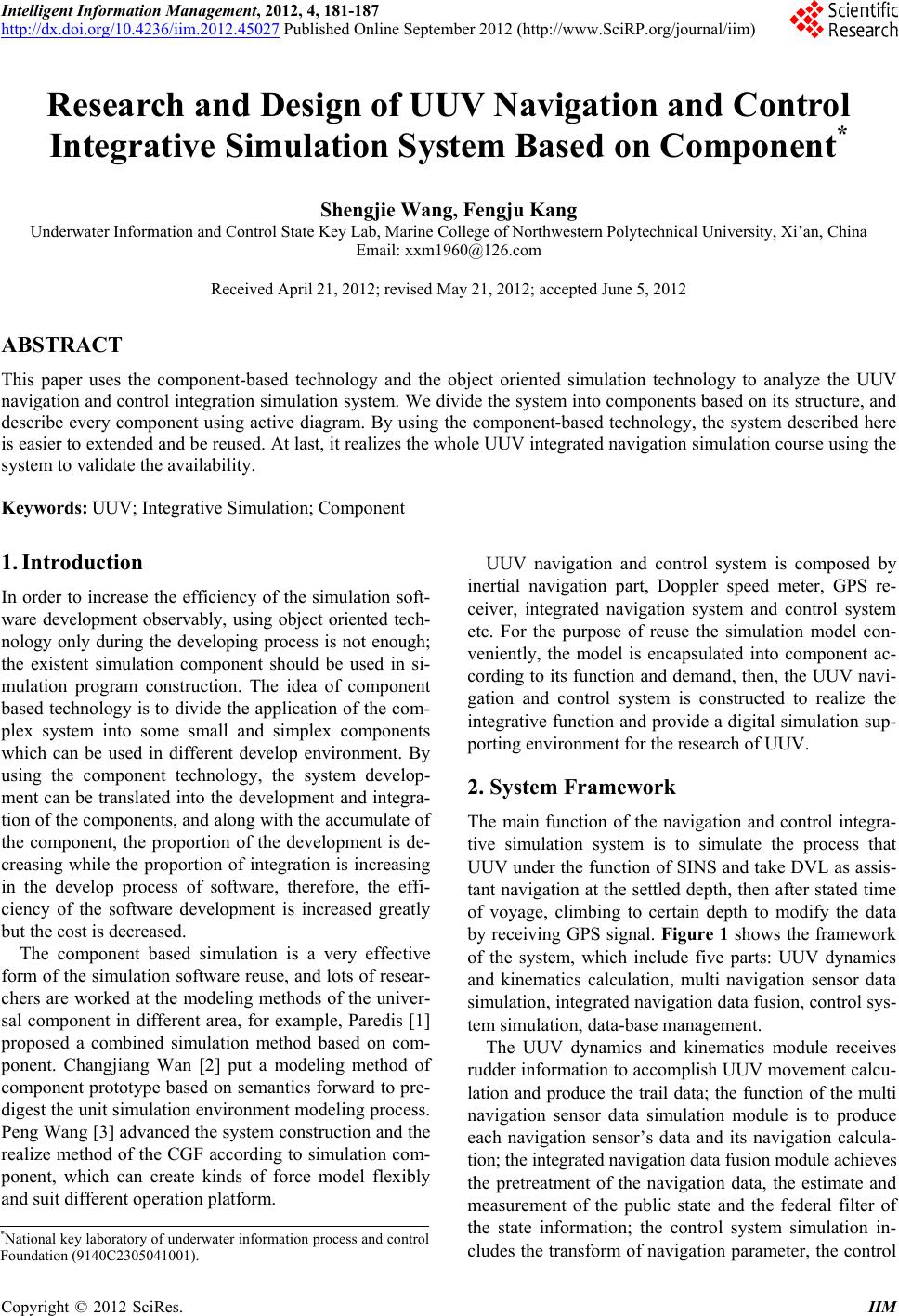 Research and Design of UUV Navigation and Control Integrative Simulation System Based on Component