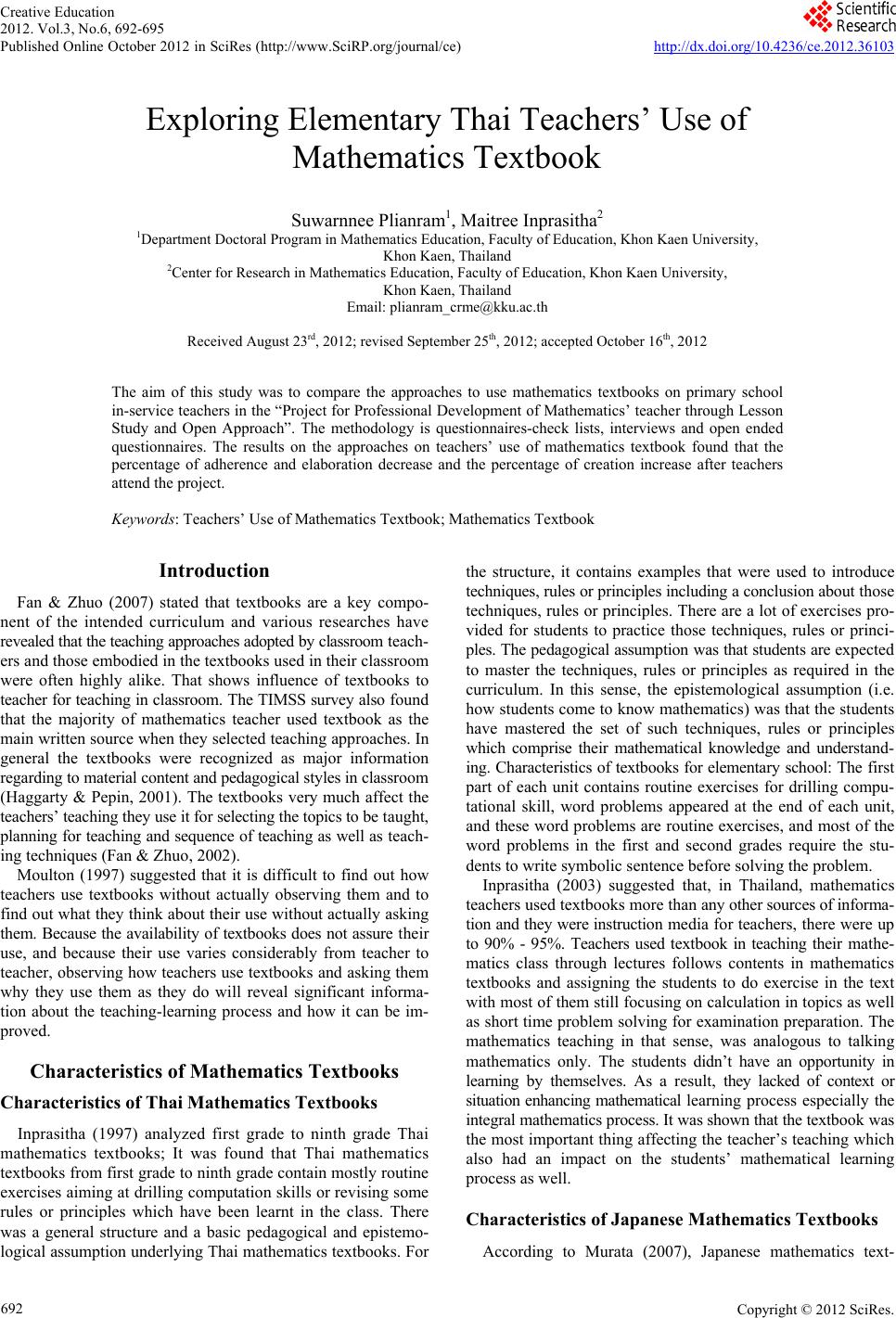 Exploring Elementary Thai Teachers’ Use of Mathematics Textbook
