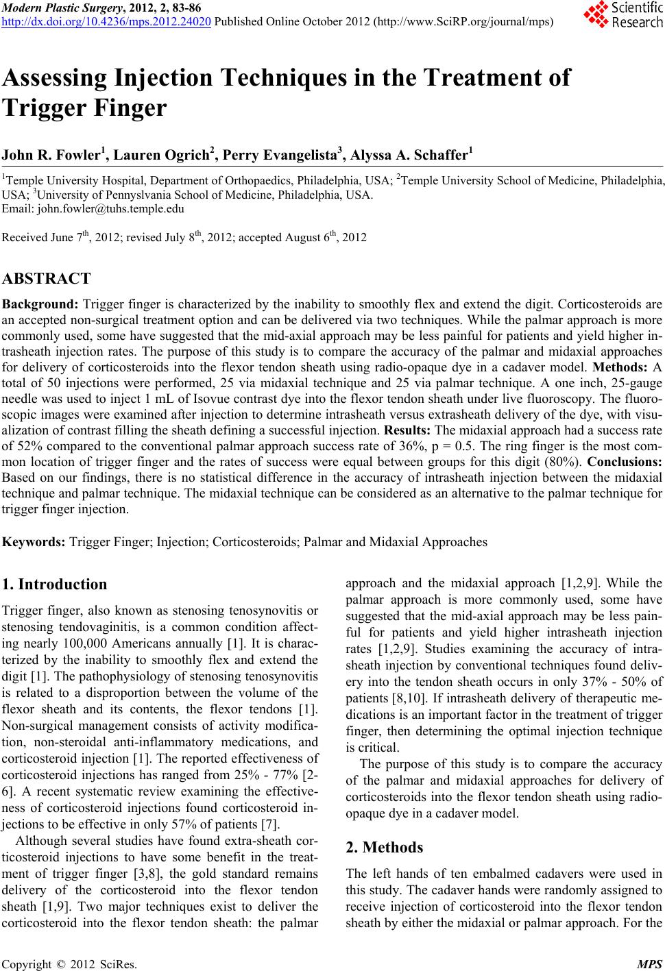 Assessing Injection Techniques in the Treatment of Trigger Finger