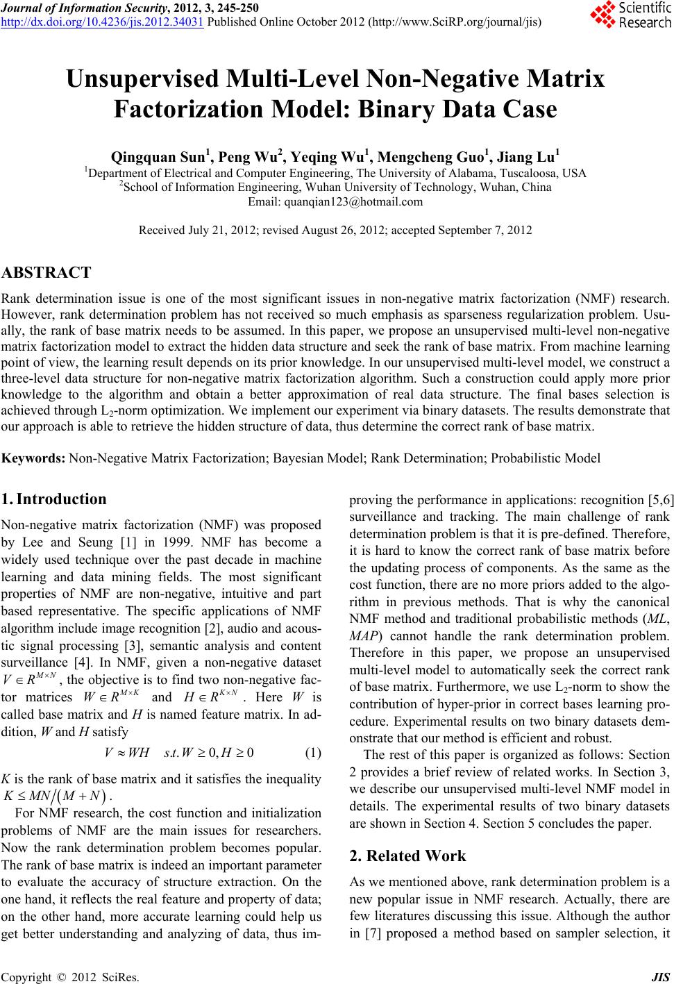 Unsupervised Multi-Level Non-Negative Matrix Factorization Model: Binary Data Case