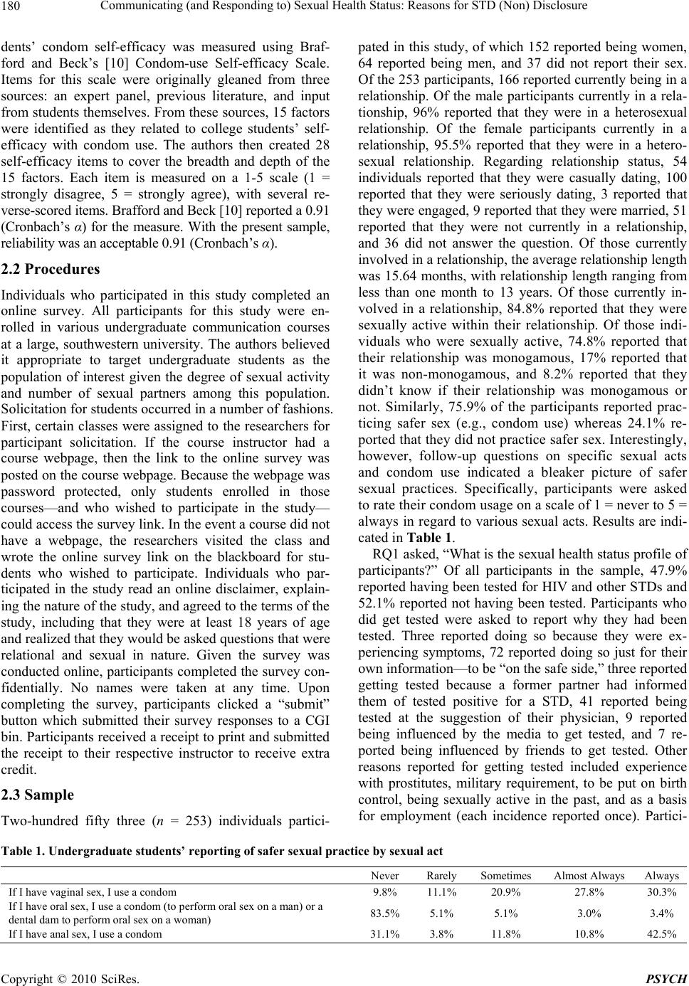 Communicating (and Responding to) Sexual Health Status: Reasons for STD ...
