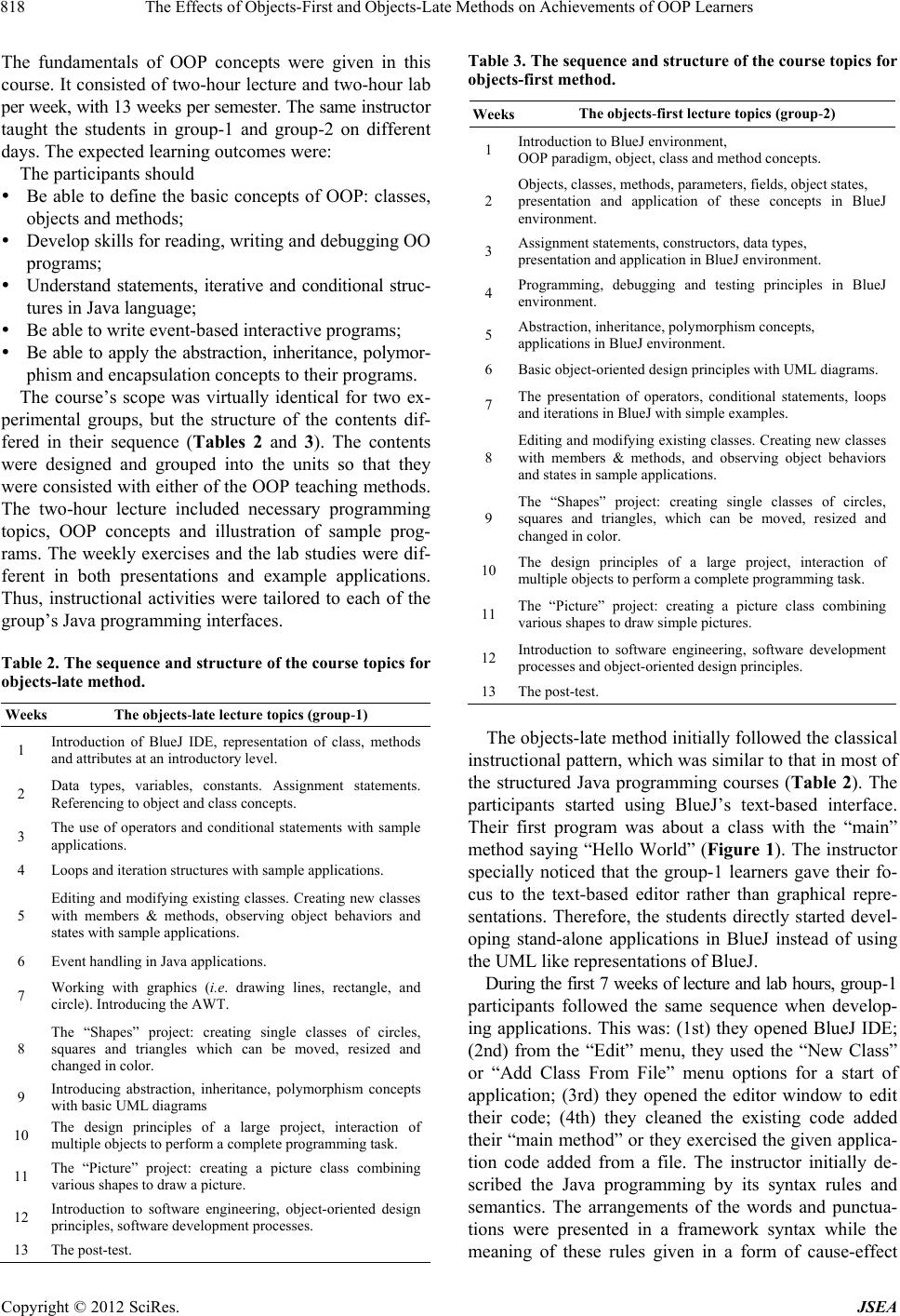 The Effects Of Objects First And Objects Late Methods On Achievements