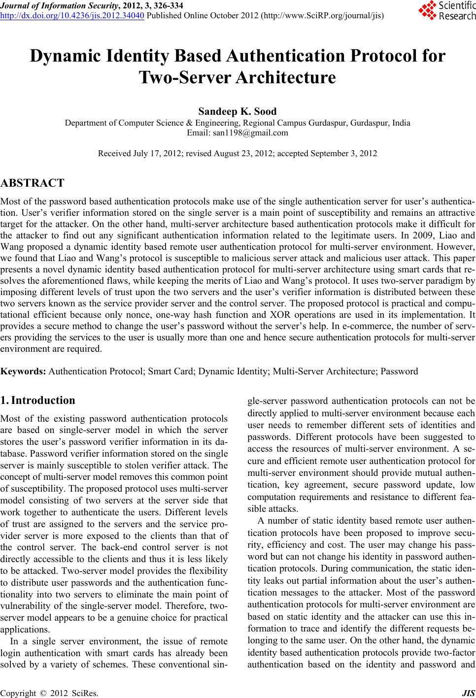 Dynamic Identity Based Authentication Protocol for Two-Server Architecture