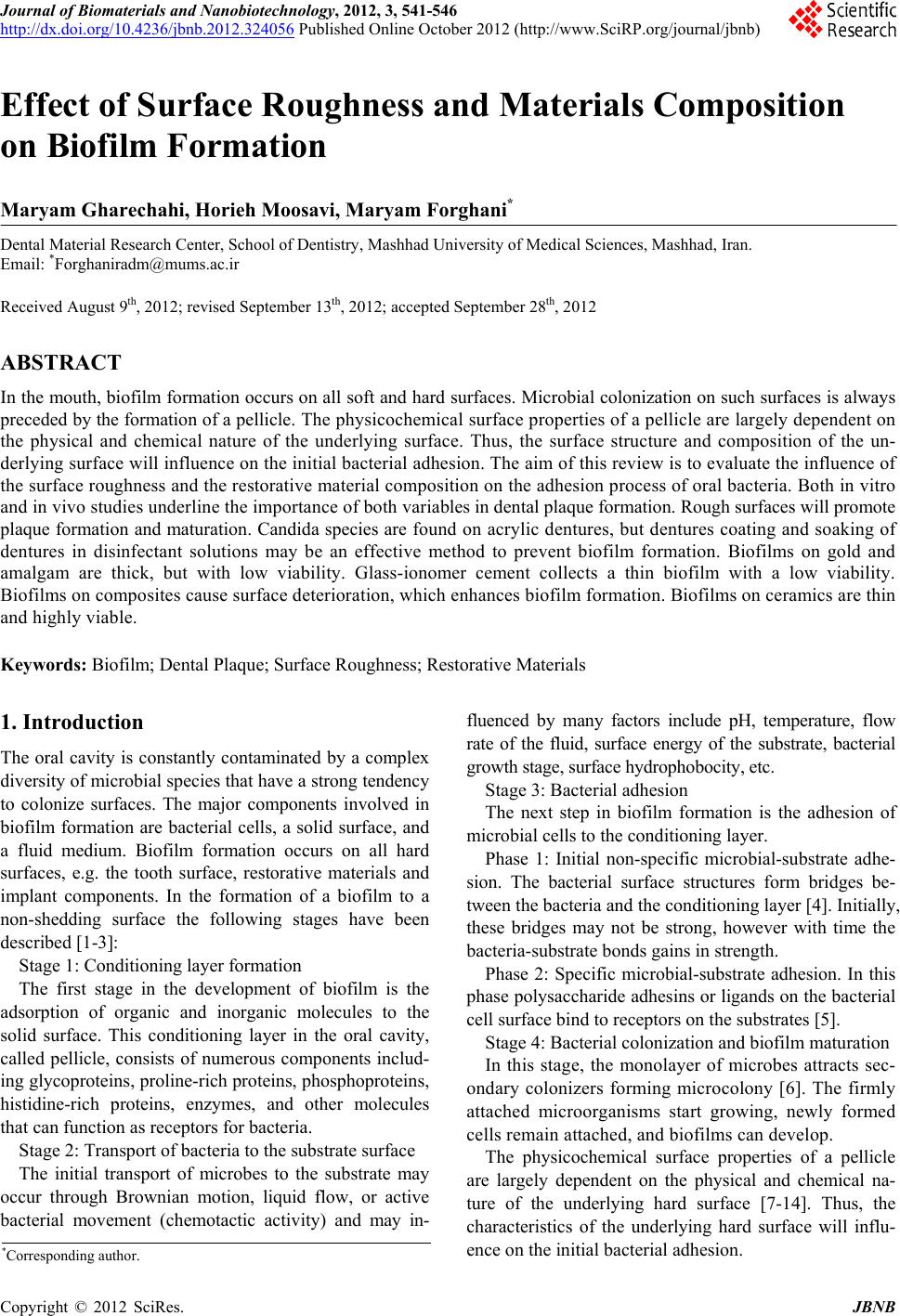 Effect of Surface Roughness and Materials Composition