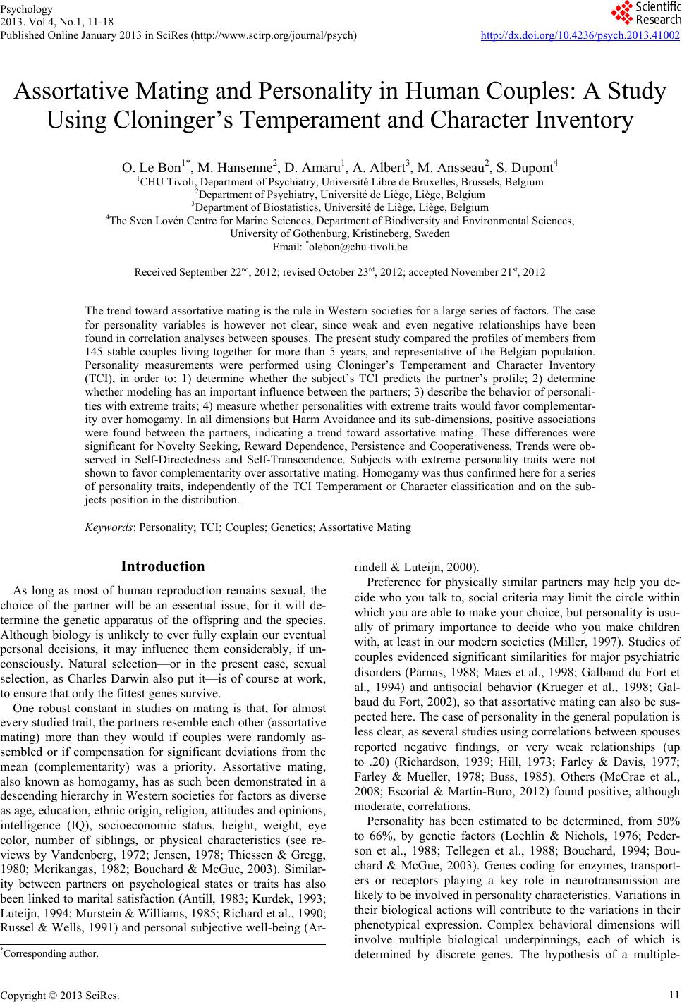 Assortative Mating and Personality in Human Couples: A Study Using ...