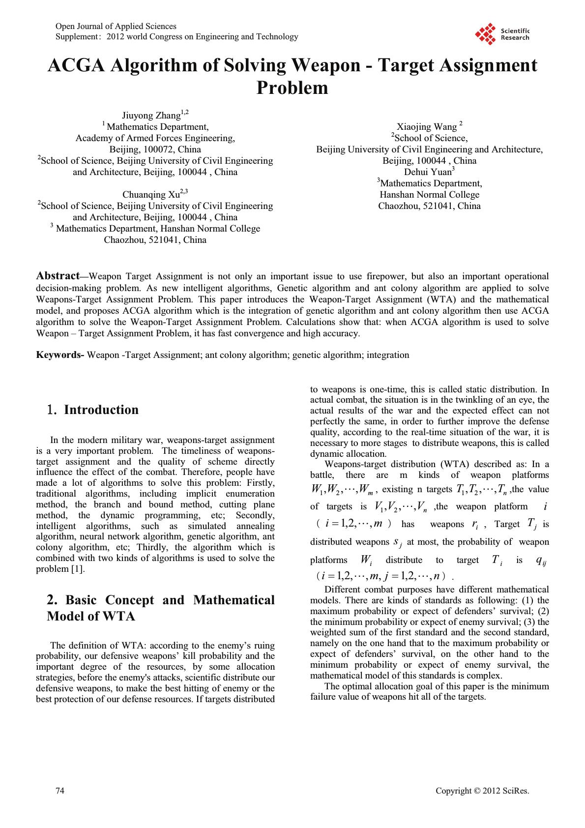 ACGA Algorithm of Solving Weapon - Target Assignment Problem