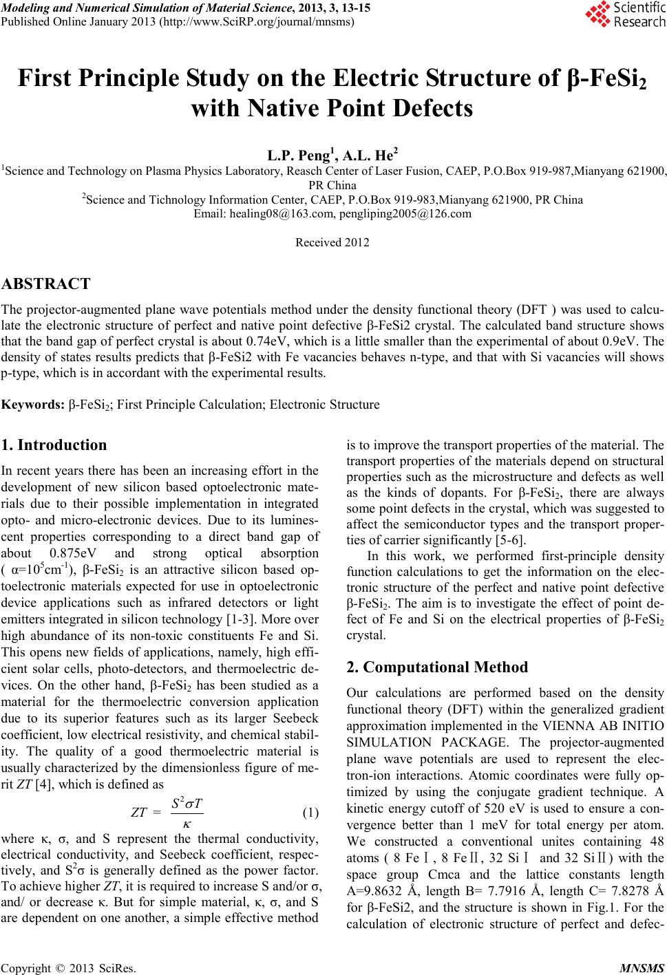 First Principle Study on the Electric Structure of β-FeSi 2 with Native ...