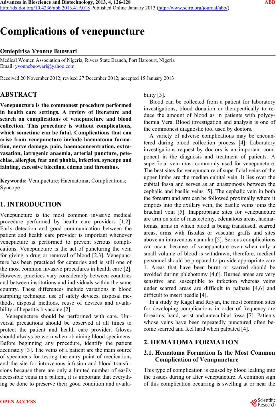 Complications of venepuncture