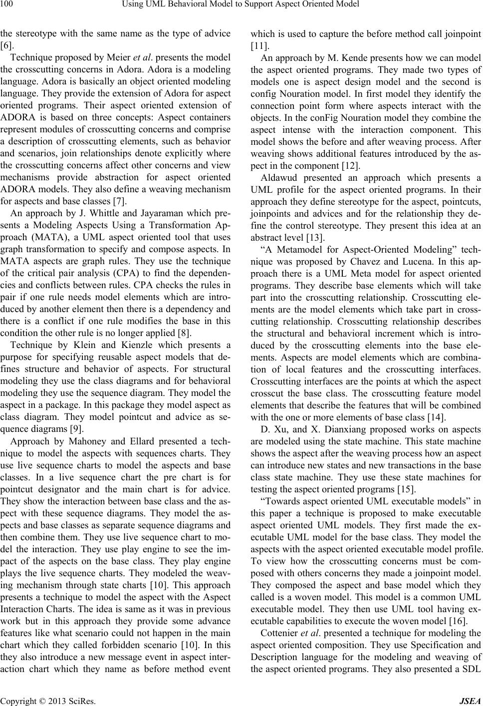 Using UML Behavioral Model to Support Aspect Oriented Model