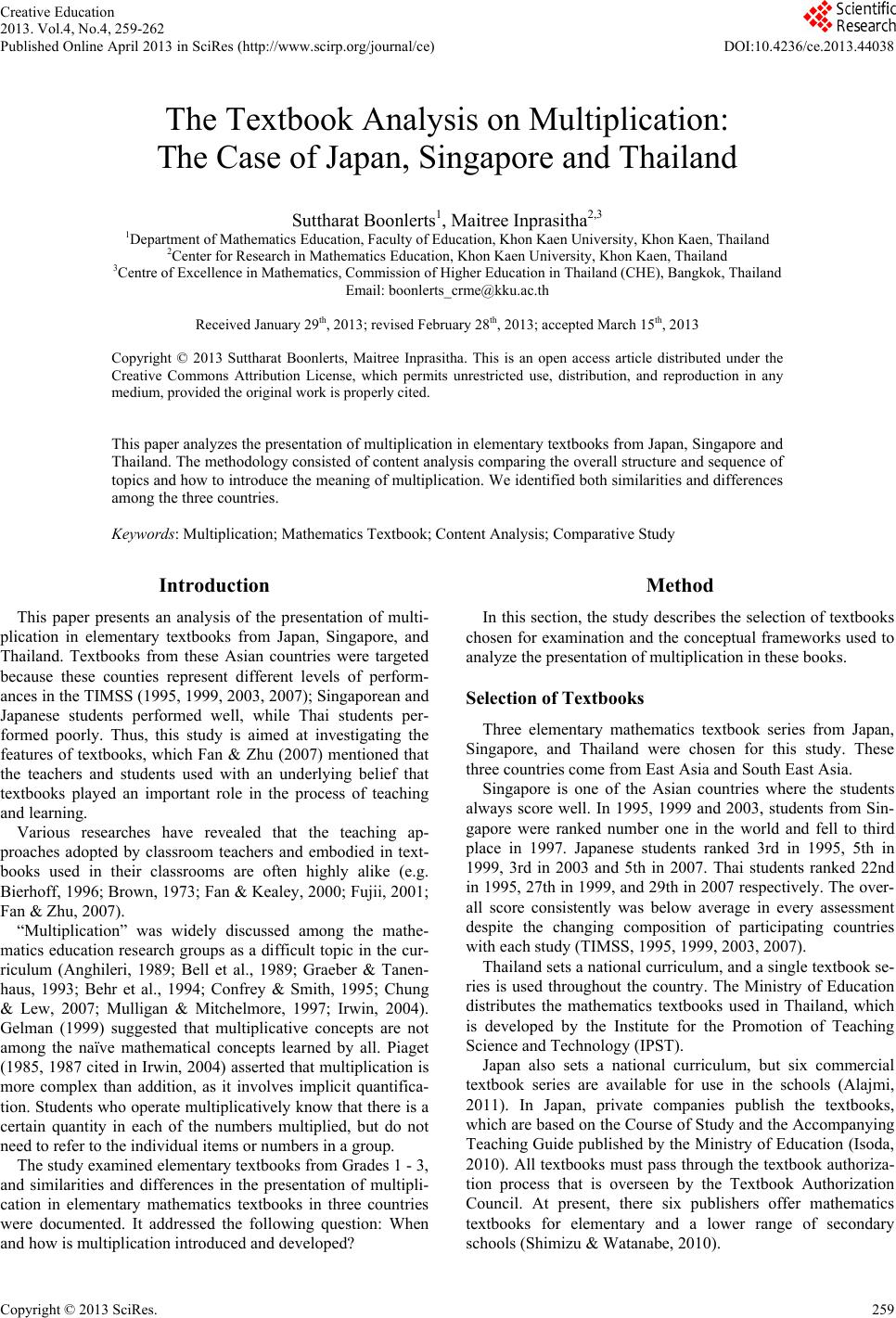 The Textbook Analysis on Multiplication:The Case of Japan, Singapore ...