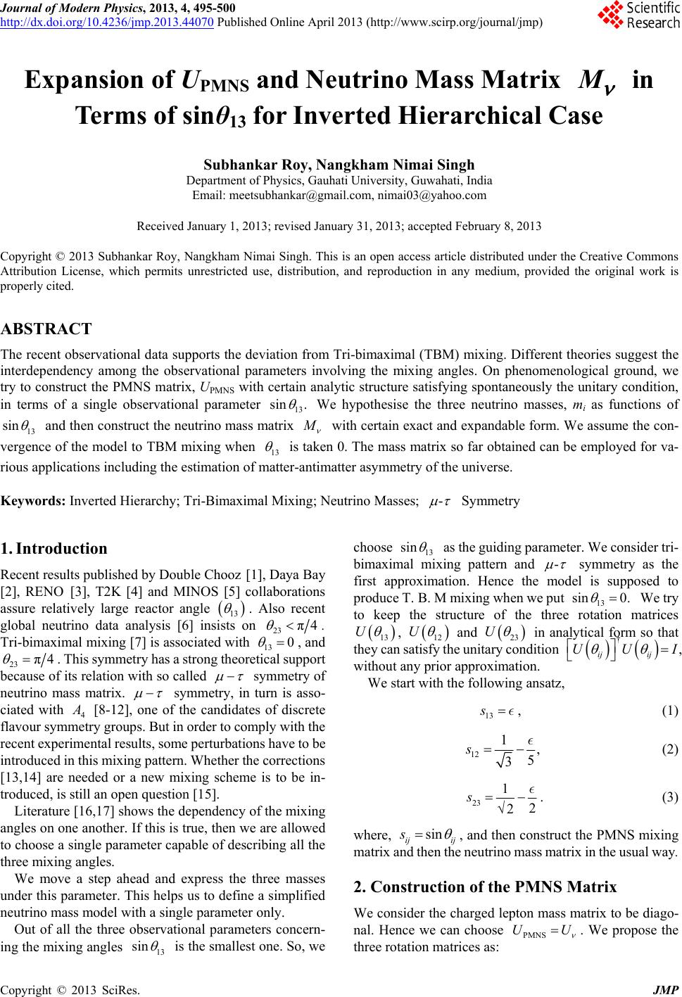 Expansion of U PMNS and Neutrino Mass Matrix M v in Terms of sin θ 13 ...