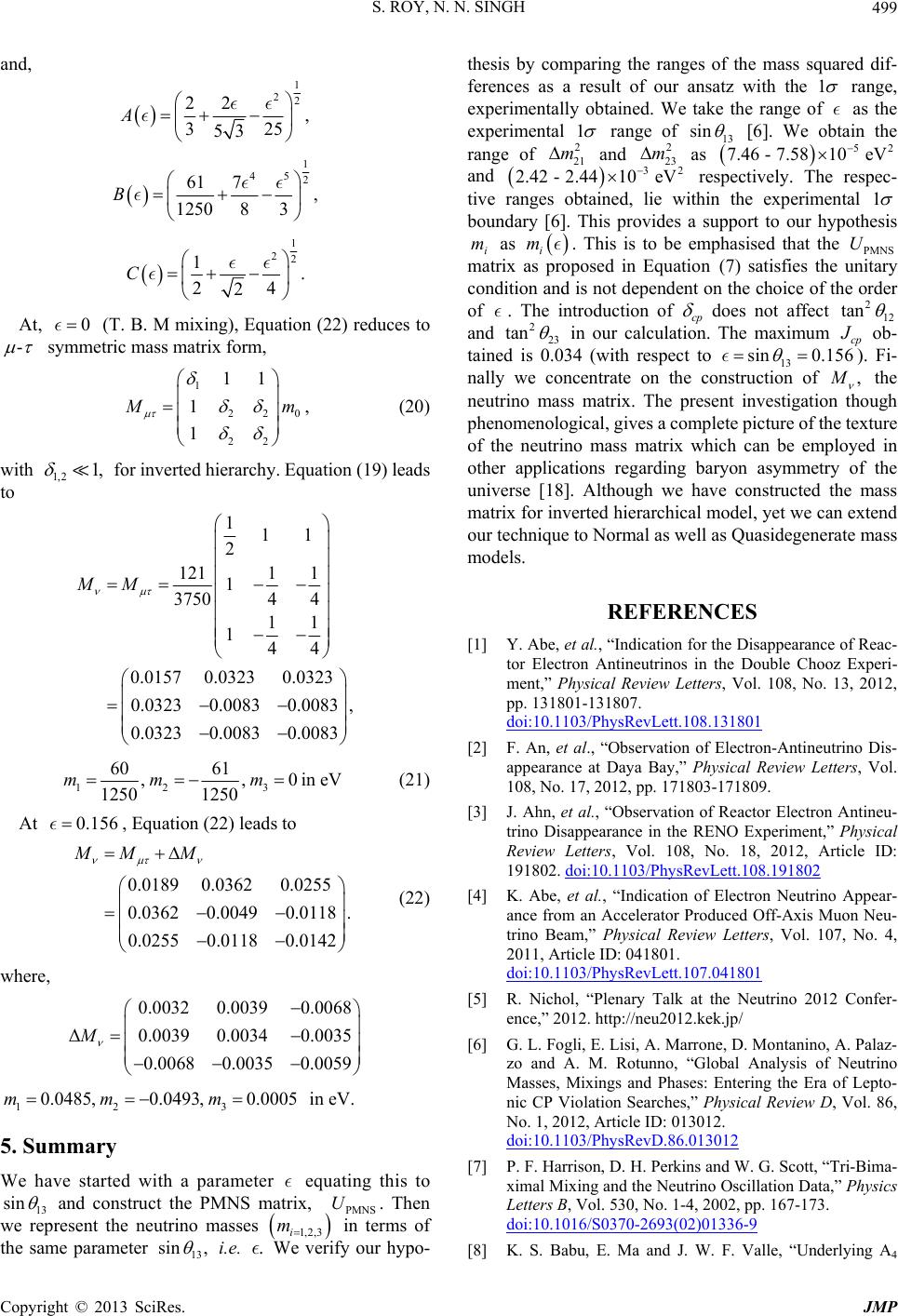 Expansion of U PMNS and Neutrino Mass Matrix M v in Terms of sin θ 13 ...