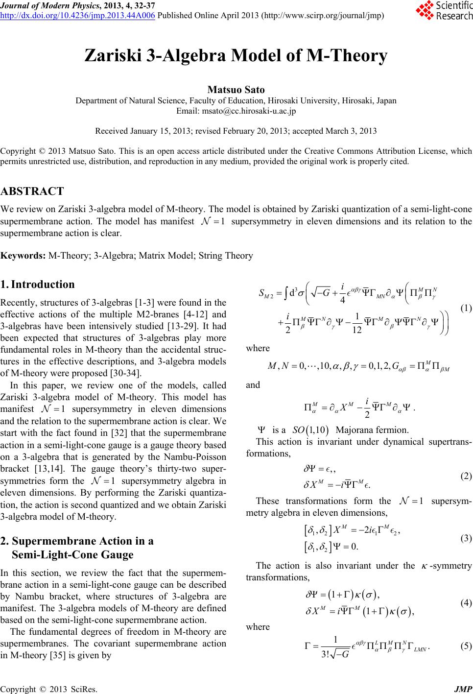 Zariski 3-Algebra Model of M-Theory