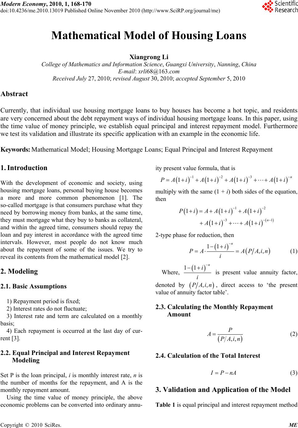 Mathematical Model of Housing Loans