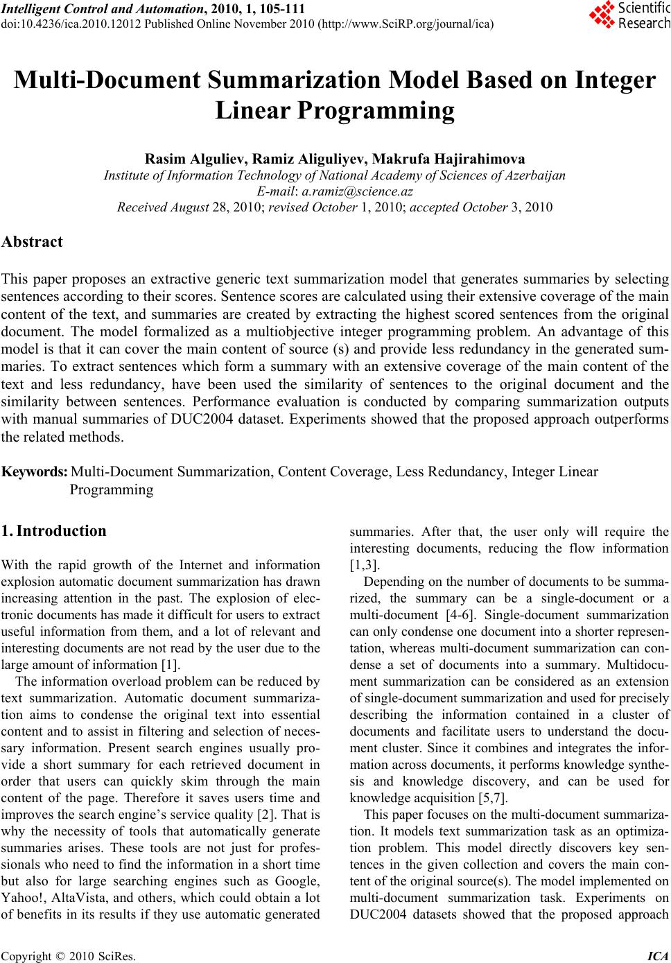 Multi-Document Summarization Model Based on Integer Linear Programming