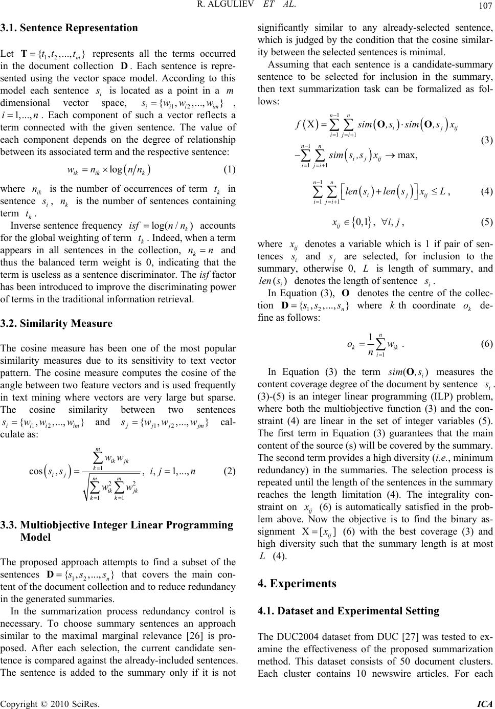 Multi Document Summarization Model Based On Integer Linear Programming 9952