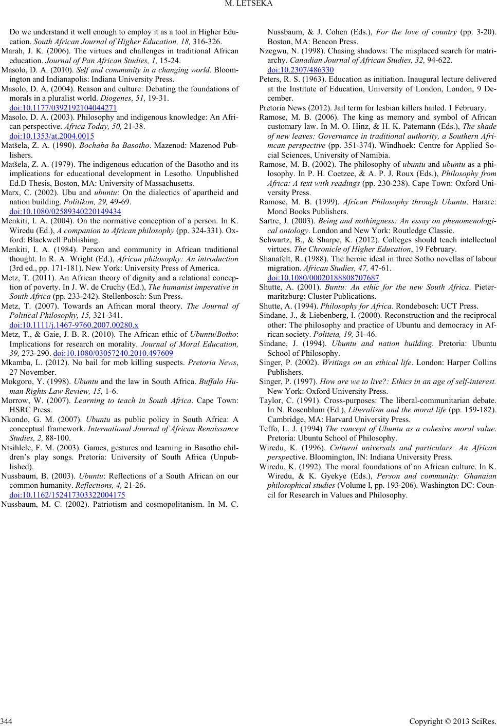 Educating for Ubuntu/Botho : Lessons from Basotho Indigenous Education