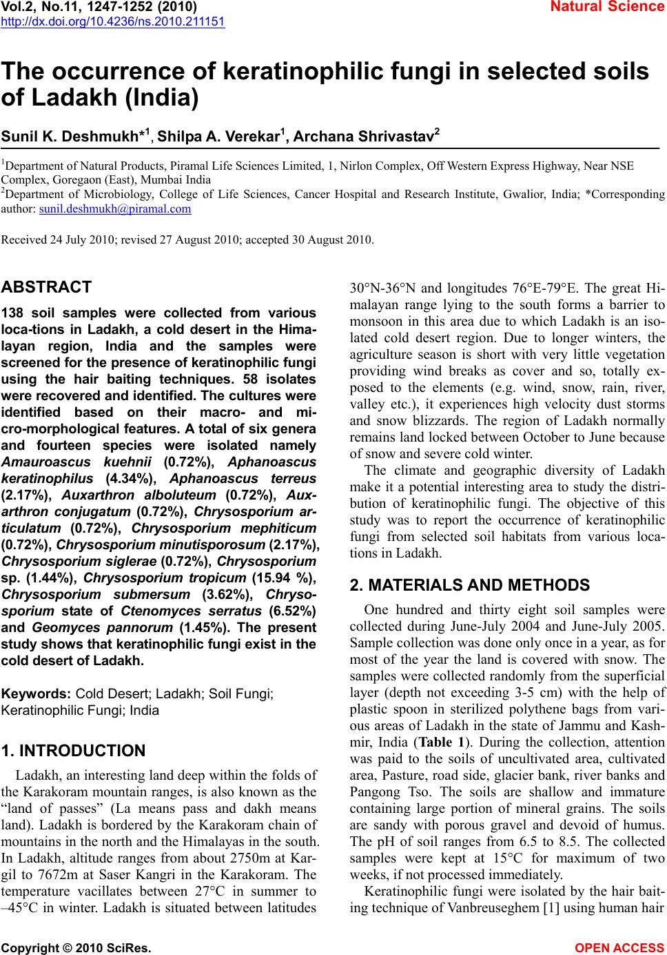 The occurrence of keratinophilic fungi in selected soils of Ladakh (India)