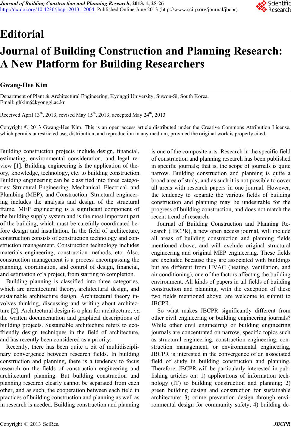 Journal of Building Construction and Planning Research: A New Platform ...