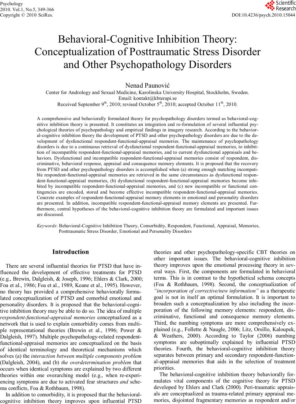 Behavioral-Cognitive Inhibition Theory: Conceptualization of ...