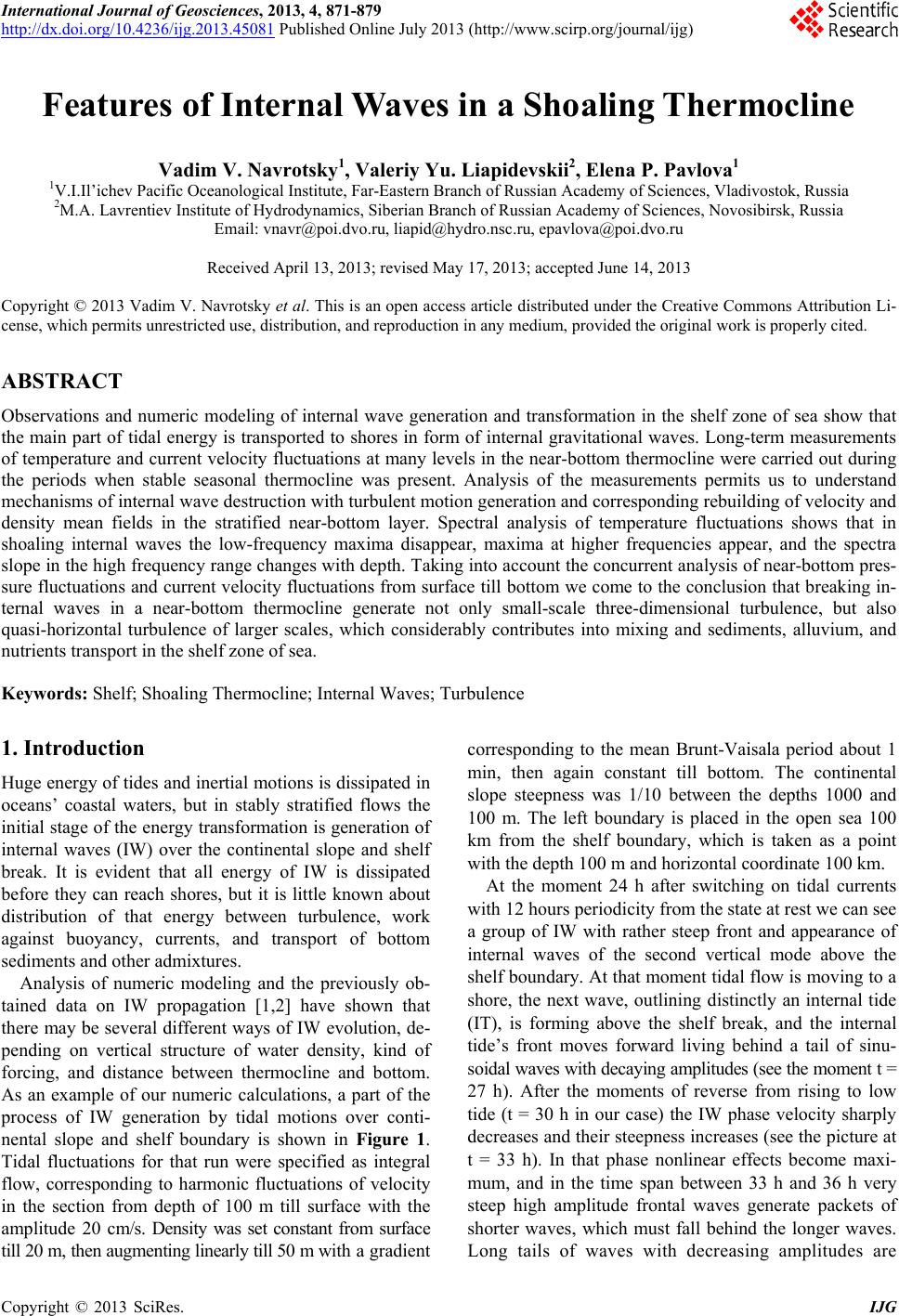 Features of Internal Waves in a Shoaling Thermocline