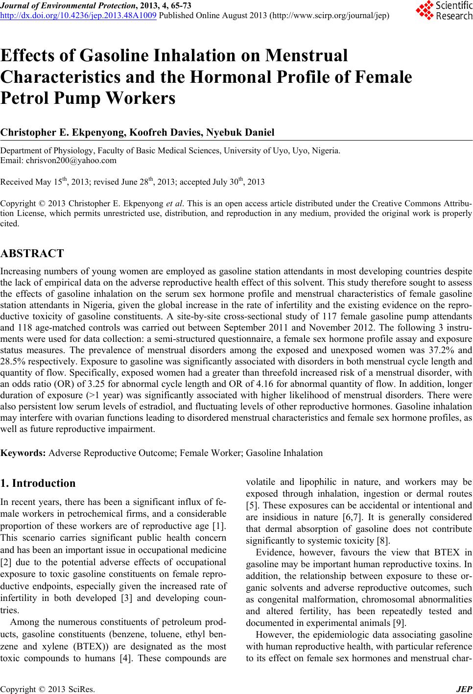 Effects of Gasoline Inhalation on Menstrual Characteristics and the ...