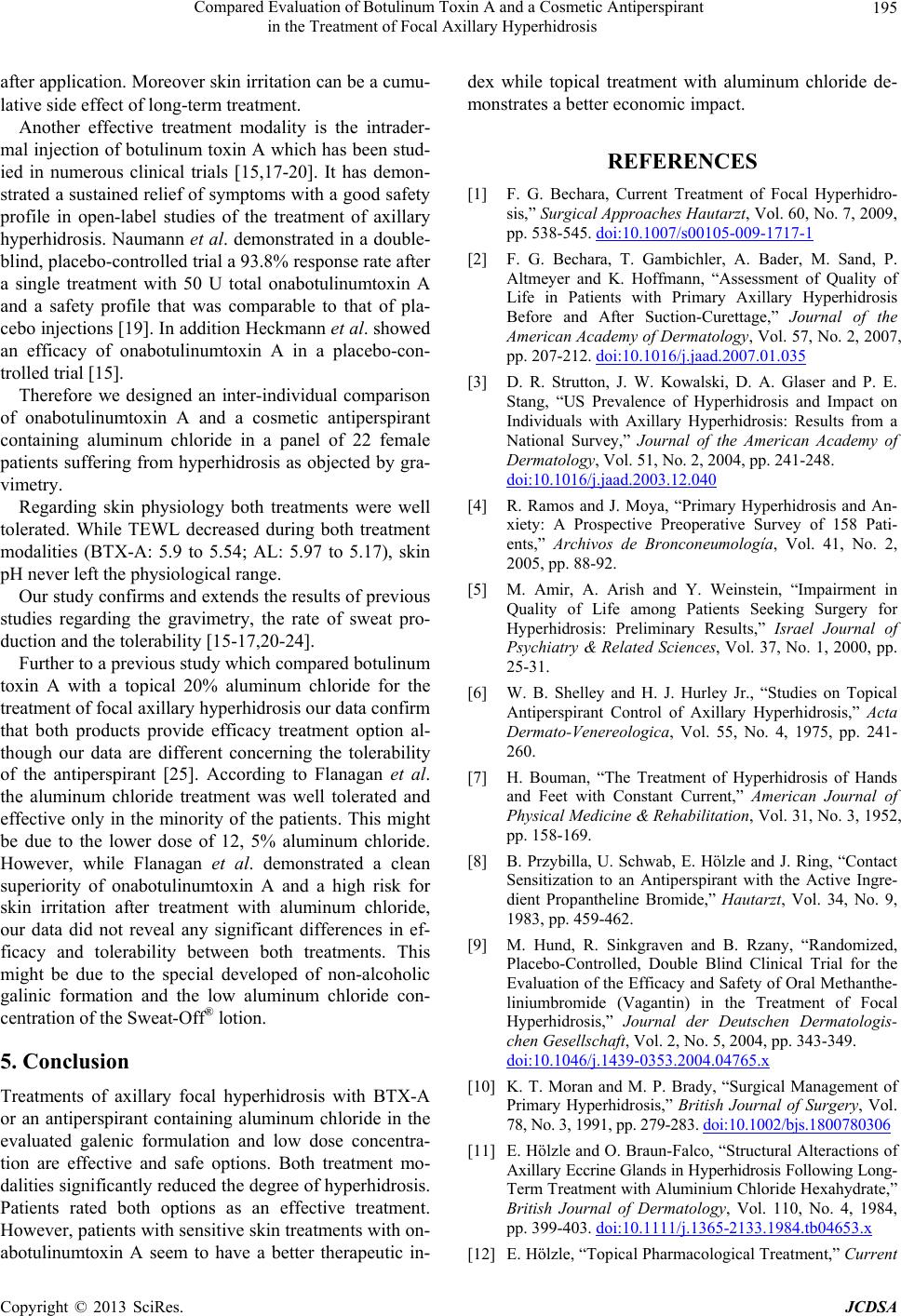 Compared Evaluation of Botulinum Toxin A and a Cosmetic Antiperspirant ...