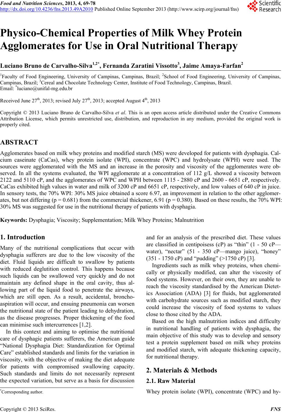Physico-Chemical Properties of Milk Whey Protein Agglomerates for Use ...