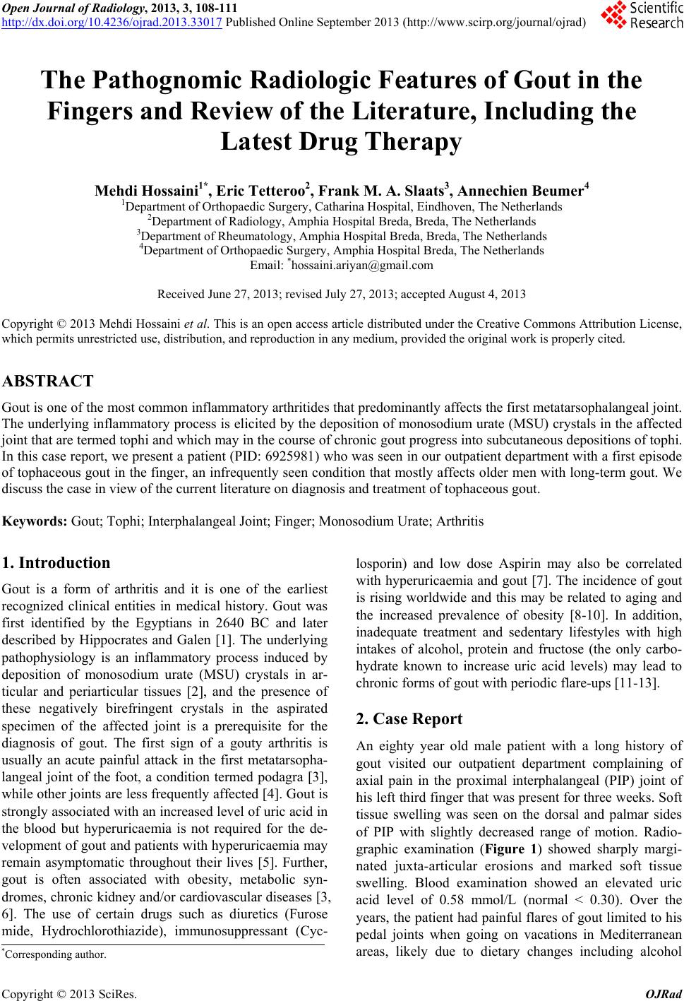 The Pathognomic Radiologic Features of Gout in the Fingers and Review ...