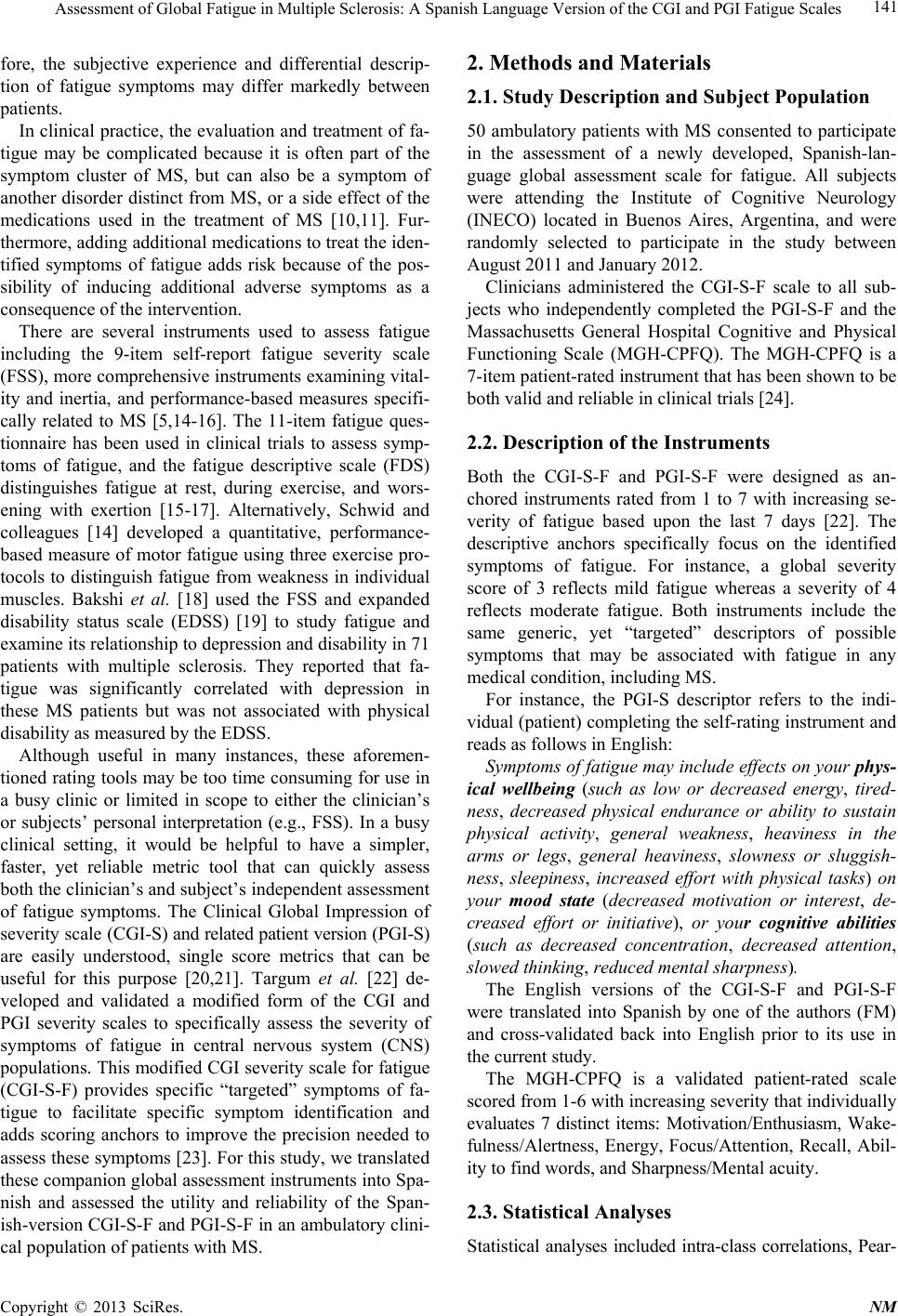 Assessment of Global Fatigue in Multiple Sclerosis: A Spanish Language ...