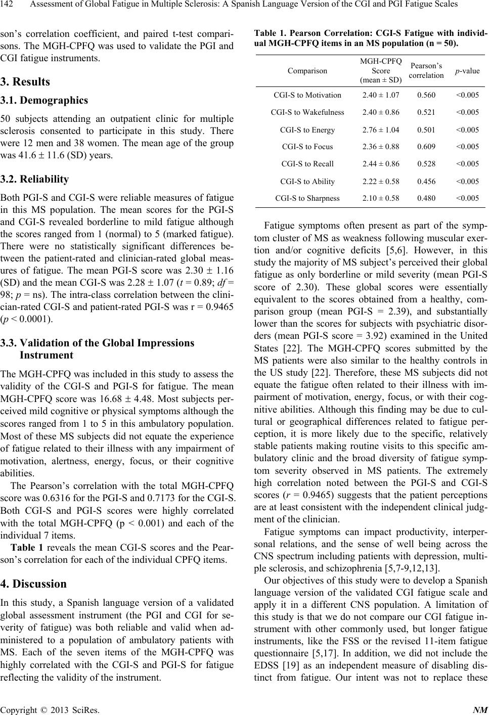 Assessment of Global Fatigue in Multiple Sclerosis: A Spanish Language ...