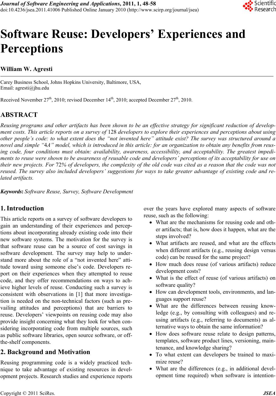 Software Reuse: Developers’ Experiences and Perceptions