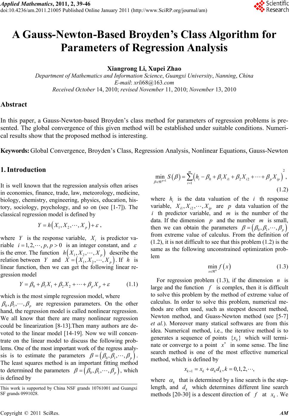 A Gauss-Newton-Based Broyden’s Class Algorithm for Parameters of Regression Analysis
