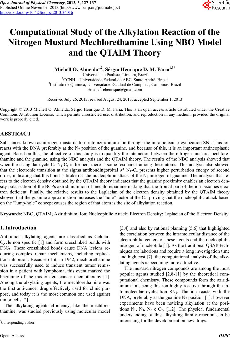 Computational Study of the Alkylation Reaction of the Nitrogen Mustard ...