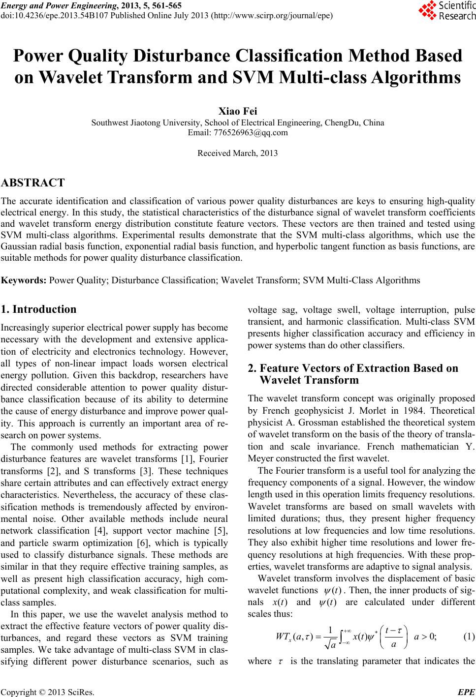 Power Quality Disturbance Classification Method Based On Wavelet Transform And Svm Multi Class