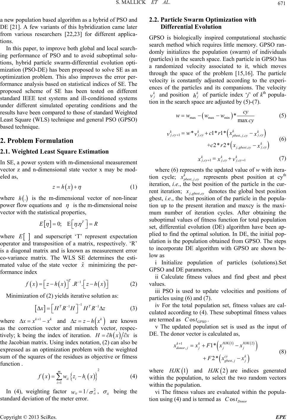 Optimal Static State Estimation Using hybrid Particle Swarm-Differential Evolution Based ...