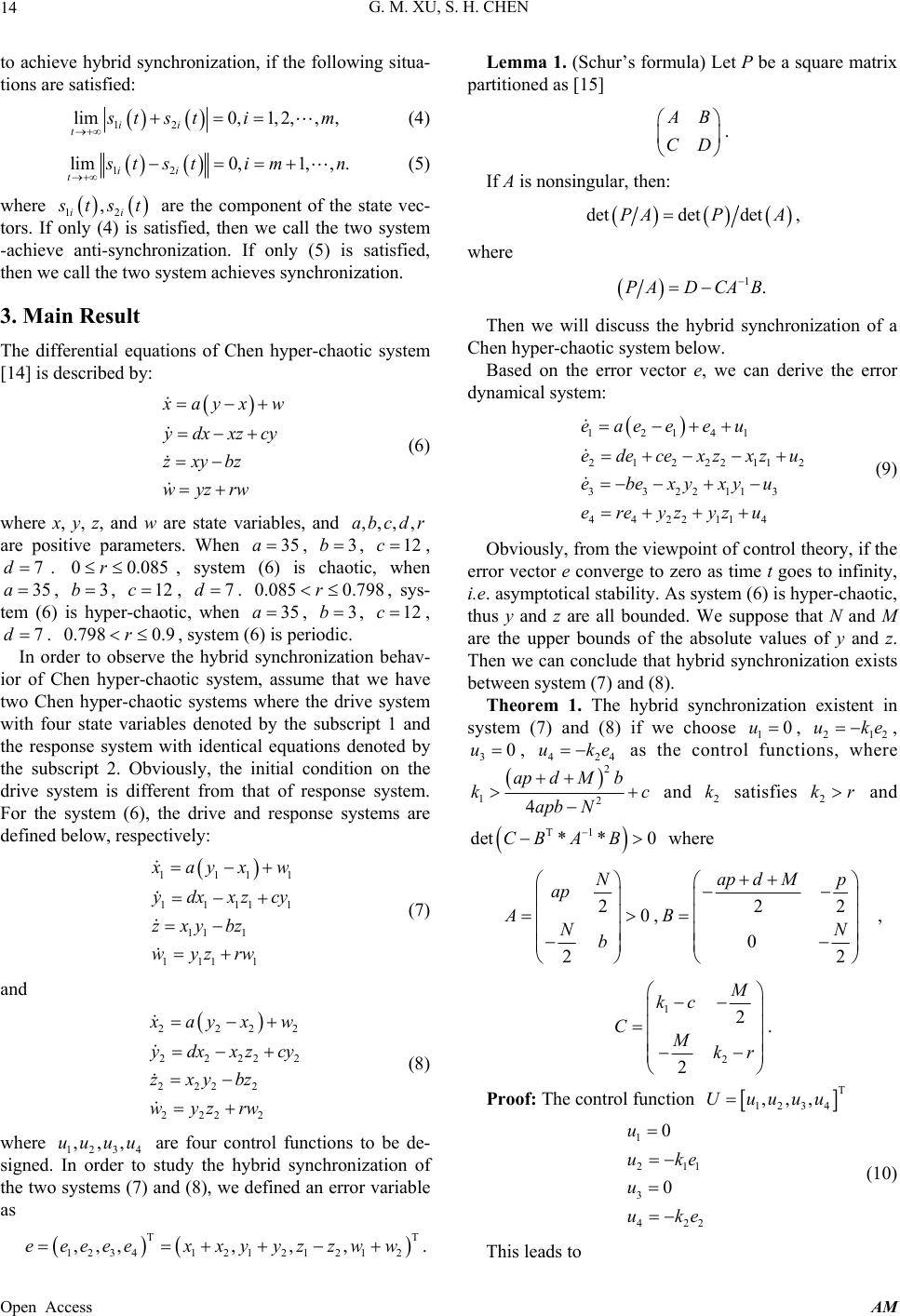 Hybrid Synchronization Of A Chen Hyper Chaotic System With Two Simple Linear Feedback Controllers