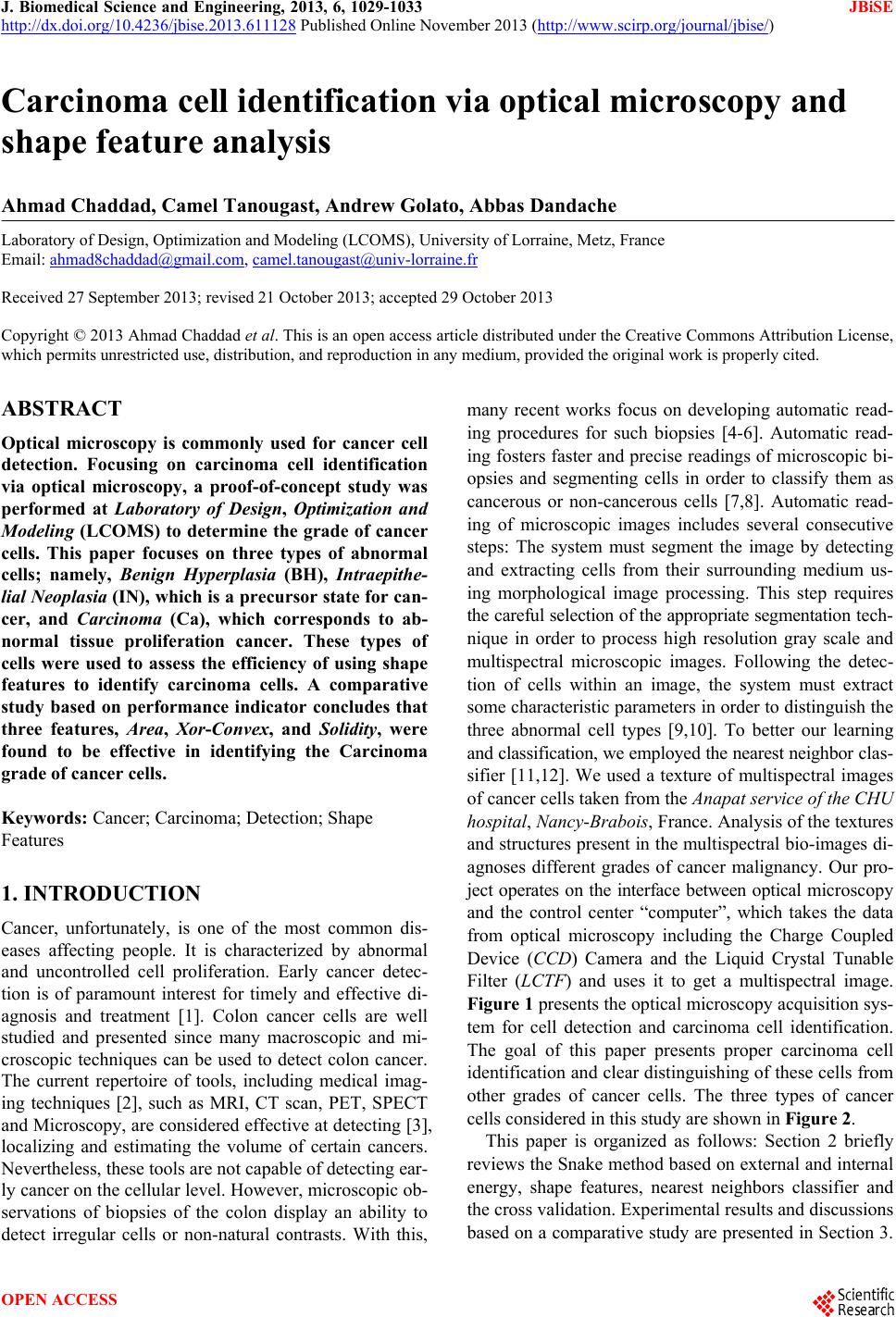 Carcinoma cell identification via optical microscopy and shape feature ...
