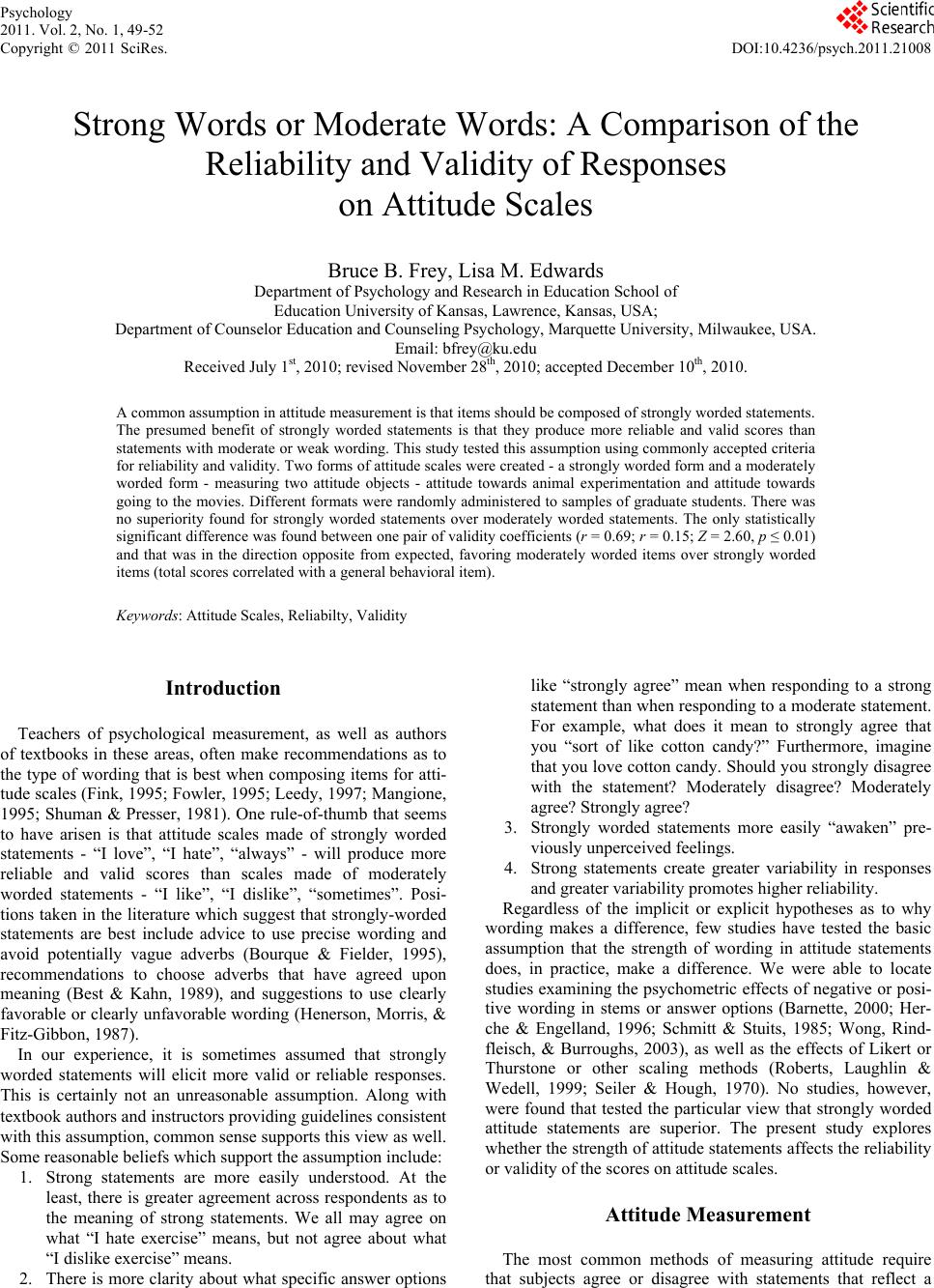 Strong Words or Moderate Words: A Comparison of the Reliability and ...