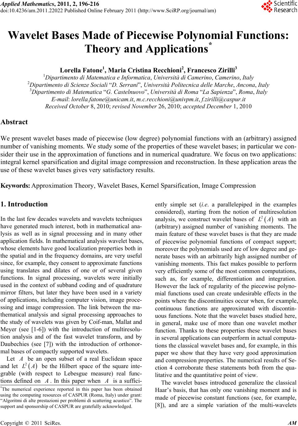 Wavelet Bases Made of Piecewise Polynomial Functions: Theory and ...