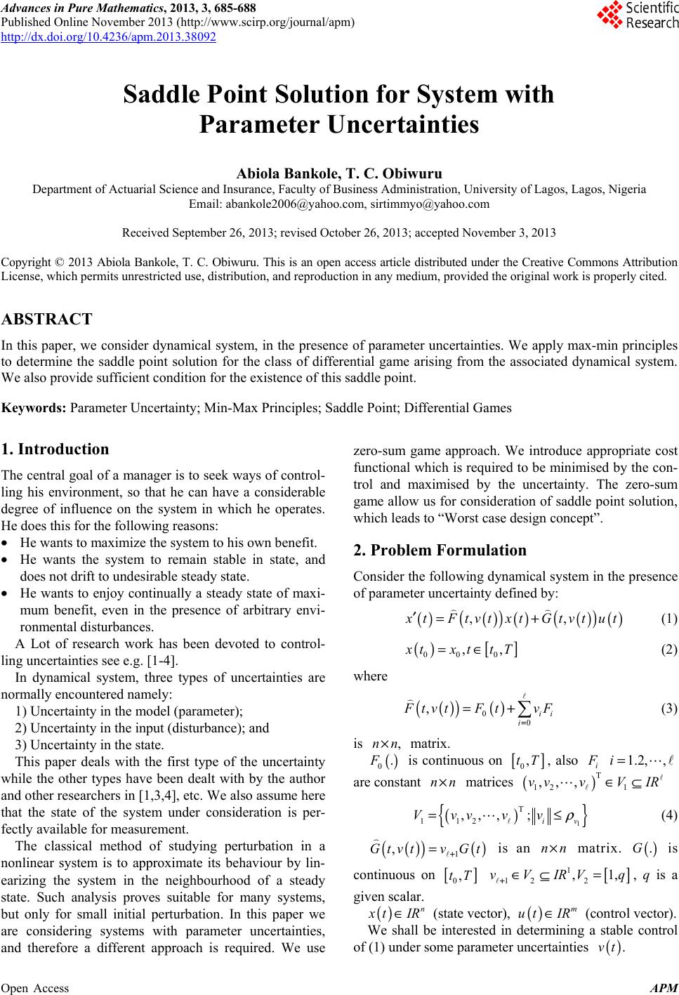 Saddle Point Solution for System with Parameter Uncertainties