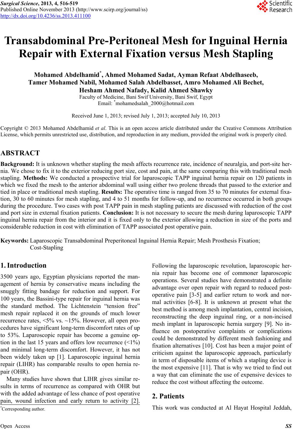 Transabdominal Pre-Peritoneal Mesh for Inguinal Hernia Repair with External Fixation versus Mesh ...