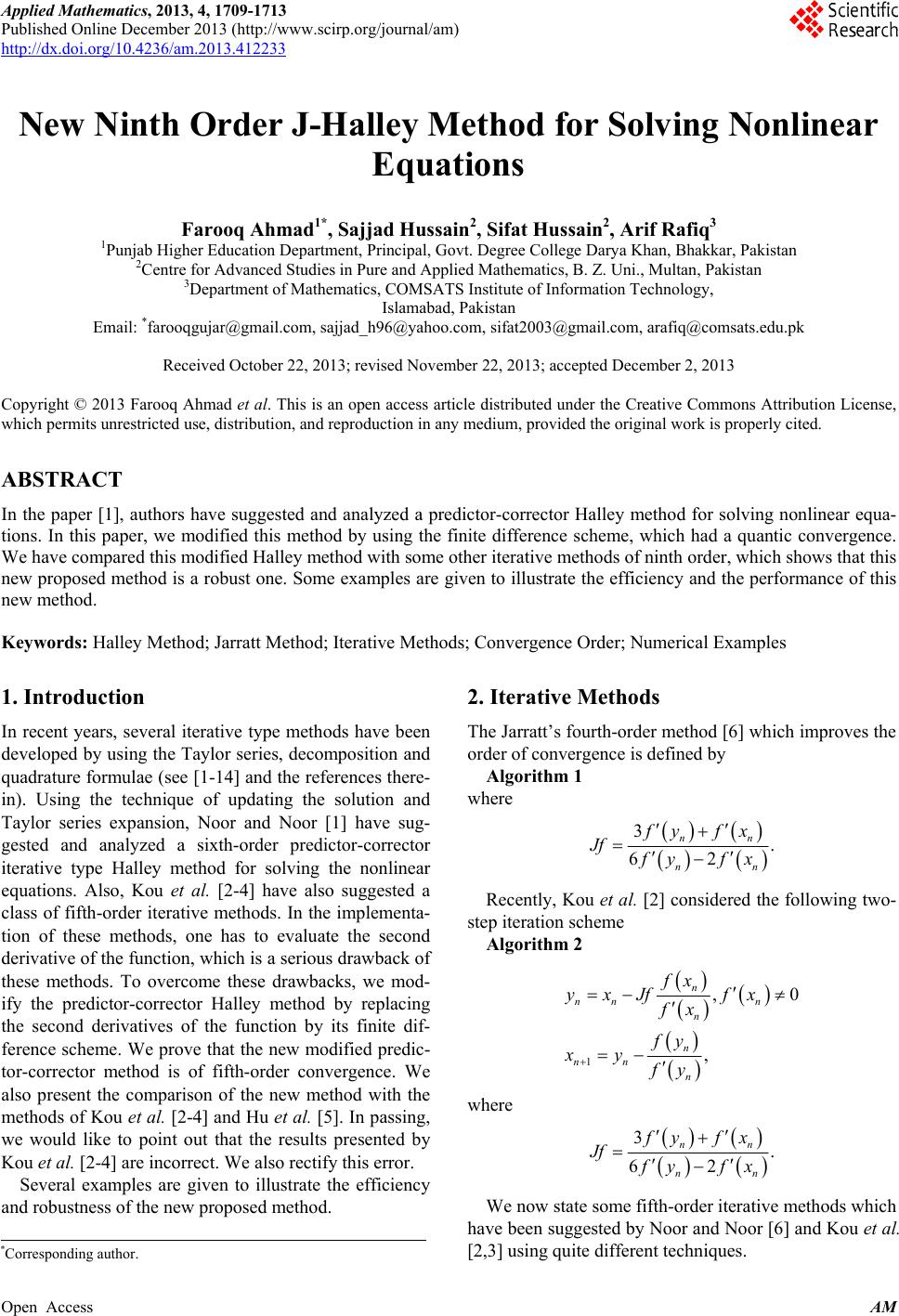 New Ninth Order J-Halley Method for Solving Nonlinear Equations